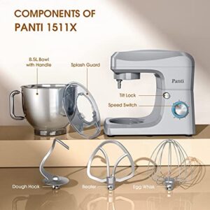 Panti Stand Mixer, 8.5 Qt. 660W 6+P Speed Kitchen Aid with Dough Hooks, Whisk, Beater and Suction Cup Bottom Splash Guard Attachments for Baking Bread, Cookie, Kneading, Dishwasher Safe, Silver