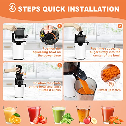 LynTorin Cold Press Juicer Machine, Slow Masticating Juicer with Wide Feed Chute, Slow Masticating Juice Extractor for Fruit and Vegetable, Easy Clean Compact Cold Press Pure Juicer for Home Use