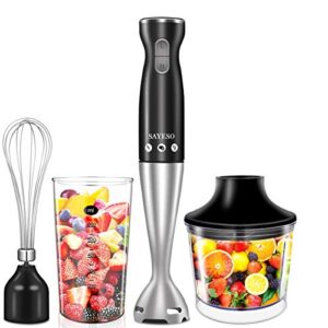 sayeso hand blender, (new version) 4-in-1 multifunctional electric immersion blender with ballon whisk, 16oz chopper bowl and bpa-free beaker for baby food, shakes, smoothies, sauces, soup and more