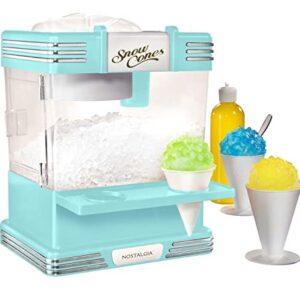 Nostalgia RSM602 Countertop Snow Cone Maker Makes 20 Icy Treats, Includes 2 Reusable Plastic Cups & Ice Scoop, Aqua, 17.3x10.0x13.5