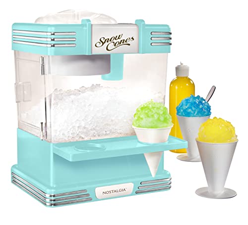 Nostalgia RSM602 Countertop Snow Cone Maker Makes 20 Icy Treats, Includes 2 Reusable Plastic Cups & Ice Scoop, Aqua, 17.3x10.0x13.5