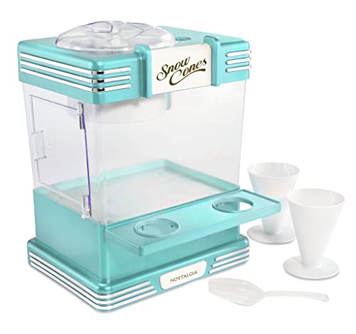 Nostalgia RSM602 Countertop Snow Cone Maker Makes 20 Icy Treats, Includes 2 Reusable Plastic Cups & Ice Scoop, Aqua, 17.3x10.0x13.5