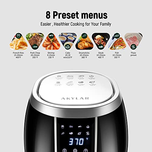 6 Qt XL Air Fryer - Large Family Size Greaseless Air Frier by AKYLAR with Digital Temp and Time Control, Customizable 8 in 1 Functions for Frying, Cooking, Roasting, Broiling, with Recipe Book