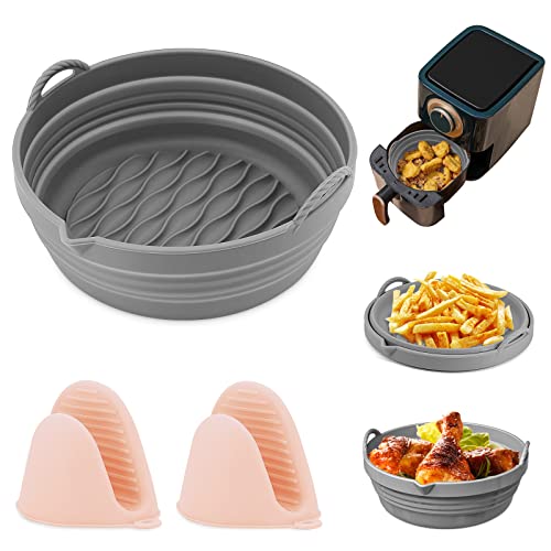 Air fryer Silicone Liners Reusable, 7.5IN Air Fryer Silicone Pot, Foldable Silicone Air Fryer Basket with Silicone Oven Mitts for Air Fryer, Oven, Microwave, etc.（Gray）