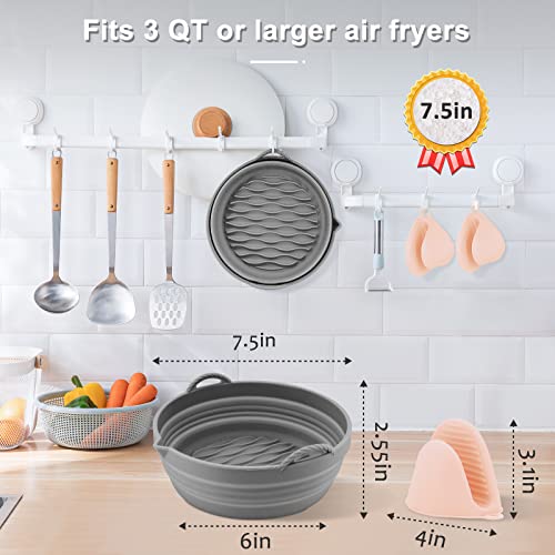 Air fryer Silicone Liners Reusable, 7.5IN Air Fryer Silicone Pot, Foldable Silicone Air Fryer Basket with Silicone Oven Mitts for Air Fryer, Oven, Microwave, etc.（Gray）