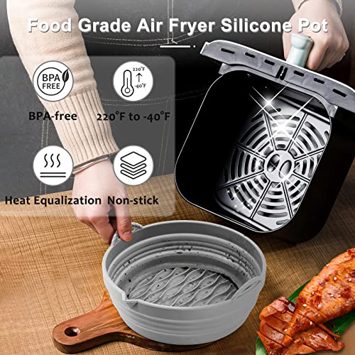 Air fryer Silicone Liners Reusable, 7.5IN Air Fryer Silicone Pot, Foldable Silicone Air Fryer Basket with Silicone Oven Mitts for Air Fryer, Oven, Microwave, etc.（Gray）