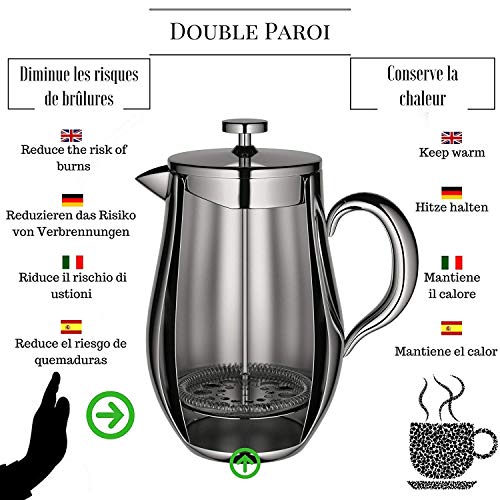 Cafetiere French Press Coffee Maker by VeoHome -Stainless steel Unbreakable and keeps coffee hotter for a long time thanks to its double wall (1 Liter)