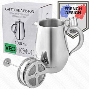 Cafetiere French Press Coffee Maker by VeoHome -Stainless steel Unbreakable and keeps coffee hotter for a long time thanks to its double wall (1 Liter)