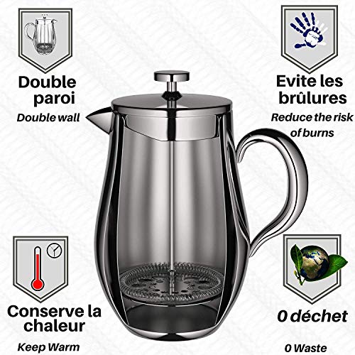 Cafetiere French Press Coffee Maker by VeoHome -Stainless steel Unbreakable and keeps coffee hotter for a long time thanks to its double wall (1 Liter)