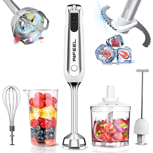 AIFEEL Immersion Hand Blender Set with 5 Accessories, Ice Crusher.Handheld Stick Blender with Milk Frother,500ML Chopper, 600ML Measuring Cup and Egg Whisk(white)