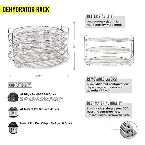 Kitchnplus Dehydrator Rack Stainless Steel Stand. Compatible with Ninja Foodi 6.5 and 8 Quart and Instant Pot 8 Qt Pressure Cooker. Includes Non-Stick Baking Sheets Accessories and Dehydrating Cookbook