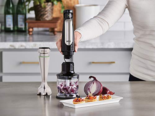 Braun MultiQuick MQ7077 4-in-1 Immersion Hand, Powerful 500W Stainless Steel Stick Blender, Variable Speed + 6-Cup Food Processor, Whisk, Beaker, Masher, Faster Blend