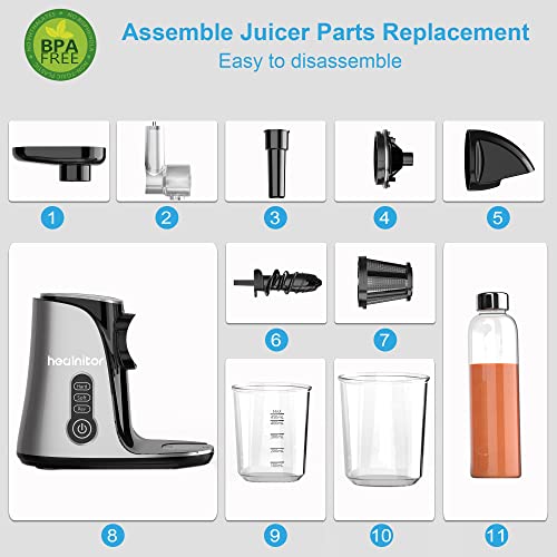 Touch LED Display Masticating Juicer Machines Vegetable and Fruit, Healnitor Cold Press Slow Juice Extractor Machines with Triple Mode, Easy to Clean Brush & Quiet Motor, 500ML Travel Bottle, Grey