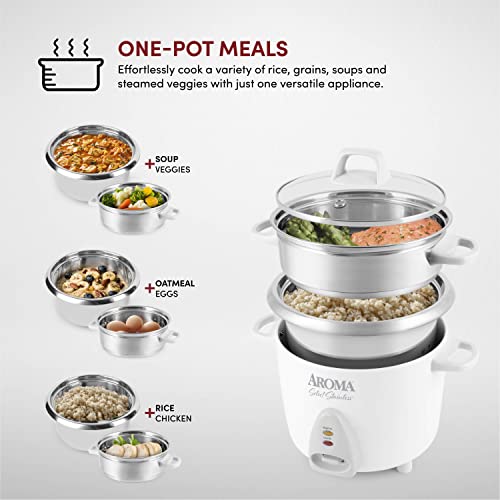 Aroma Housewares 14-Cup (Cooked) / 3Qt. Select Stainless Pot-Style Rice Cooker, & Food Steamer, One-Touch Operation, Automatic Keep Warm Mode, White (ARC-757-1SG)