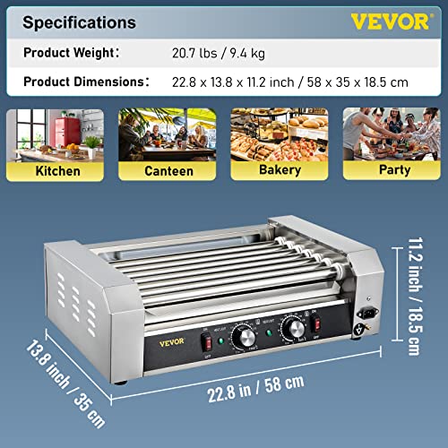 VEVOR Hot Dog Roller, 18 Hot Dog Capacity 7 Rollers, 1050W Stainless Steel Cook Warmer Machine with Dual Temp Control, LED Light and Detachable Drip Tray, Sausage Grill Cooker for Kitchen Restaurant