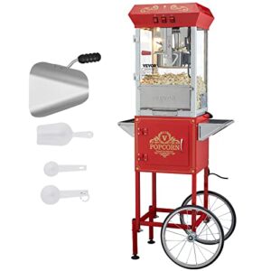 vevor commercial popcorn machine, 8 oz kettle, 850 w popcorn maker on wheels for 48 cups per batch, theater style popper w/ 3-switch control steel frame tempered glass doors cart 2 scoops 2 spoons, red