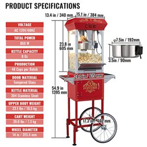 VEVOR Commercial Popcorn Machine, 8 Oz Kettle, 850 W Popcorn Maker on Wheels for 48 Cups per Batch, Theater Style Popper w/ 3-Switch Control Steel Frame Tempered Glass Doors Cart 2 Scoops 2 Spoons, Red