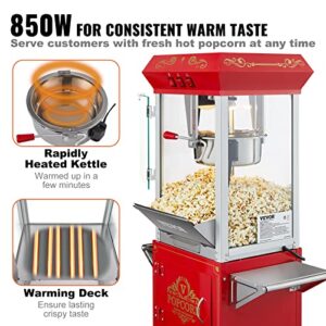 VEVOR Commercial Popcorn Machine, 8 Oz Kettle, 850 W Popcorn Maker on Wheels for 48 Cups per Batch, Theater Style Popper w/ 3-Switch Control Steel Frame Tempered Glass Doors Cart 2 Scoops 2 Spoons, Red