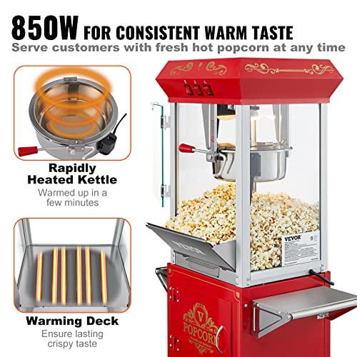 VEVOR Commercial Popcorn Machine, 8 Oz Kettle, 850 W Popcorn Maker on Wheels for 48 Cups per Batch, Theater Style Popper w/ 3-Switch Control Steel Frame Tempered Glass Doors Cart 2 Scoops 2 Spoons, Red