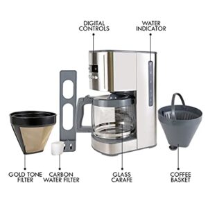 Kenmore Aroma Control Programmable 12-cup Coffee Maker, Stainless Steel with Glass Carafe, LCD Display, Reusable Cone Filter, and Charcoal Water Filter