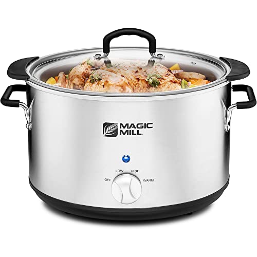 Magic Mill Extra-Large 10 Quart Slow Cooker With Metal Searing Pot & Transparent Tempered Glass Lid Multipurpose Lightweight Slow Cookers, Pot is Safe to Put the On the Flame, Dishwasher Safe