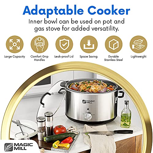 Magic Mill Extra-Large 10 Quart Slow Cooker With Metal Searing Pot & Transparent Tempered Glass Lid Multipurpose Lightweight Slow Cookers, Pot is Safe to Put the On the Flame, Dishwasher Safe