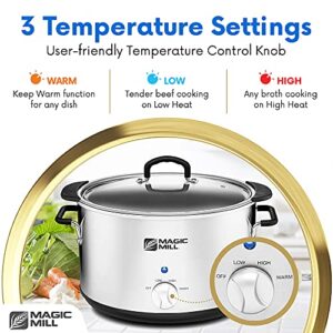 Magic Mill Extra-Large 10 Quart Slow Cooker With Metal Searing Pot & Transparent Tempered Glass Lid Multipurpose Lightweight Slow Cookers, Pot is Safe to Put the On the Flame, Dishwasher Safe