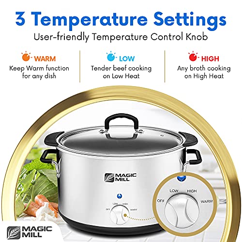 Magic Mill Extra-Large 10 Quart Slow Cooker With Metal Searing Pot & Transparent Tempered Glass Lid Multipurpose Lightweight Slow Cookers, Pot is Safe to Put the On the Flame, Dishwasher Safe