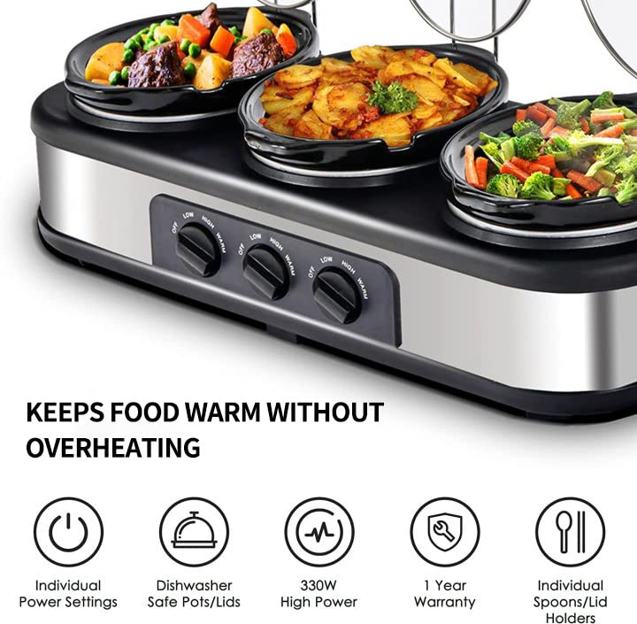 RoyalCraft Triple Slow Cooker - Effortlessly Cook and Serve Multiple Meals at Once, 3 Nylon Spoons , Adjustable Temp, Entrees, Sauces, Stews & Dips, Dishwasher Safe Glass Lid & Crock Ceramic Pot, 1.5 Quart 3 Crock Cooker Pot, Stainless Steel