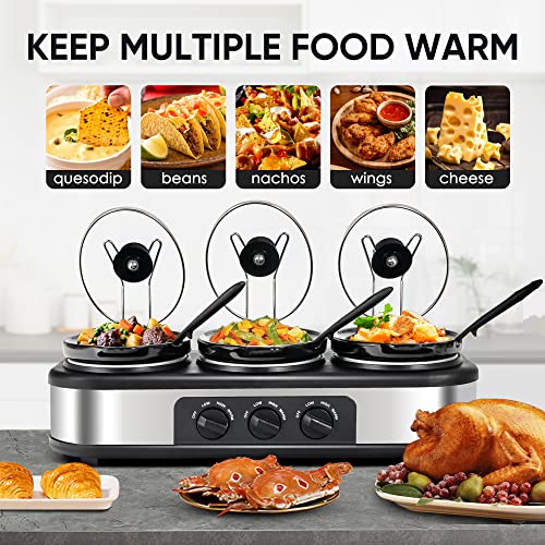 RoyalCraft Triple Slow Cooker - Effortlessly Cook and Serve Multiple Meals at Once, 3 Nylon Spoons , Adjustable Temp, Entrees, Sauces, Stews & Dips, Dishwasher Safe Glass Lid & Crock Ceramic Pot, 1.5 Quart 3 Crock Cooker Pot, Stainless Steel