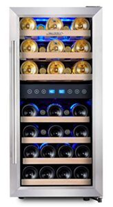 phiestina dual zone wine cooler refrigerator, 33 bottle free standing compressor fridge and chiller for red and white wines, 16” glass door wine refrigerator with digital memory temperature control