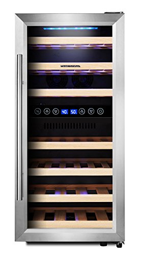 Phiestina Dual Zone Wine Cooler Refrigerator, 33 Bottle Free Standing Compressor Fridge and Chiller for Red and White Wines, 16'' Glass Door Wine Refrigerator with Digital Memory Temperature Control