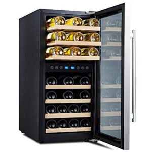 Phiestina Dual Zone Wine Cooler Refrigerator, 33 Bottle Free Standing Compressor Fridge and Chiller for Red and White Wines, 16'' Glass Door Wine Refrigerator with Digital Memory Temperature Control