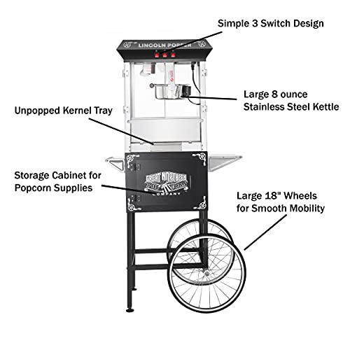 GREAT NORTHERN POPCORN COMPANY 6005 Black Antique Style Lincoln Popcorn Popper Machine w/Cart 8 Oz