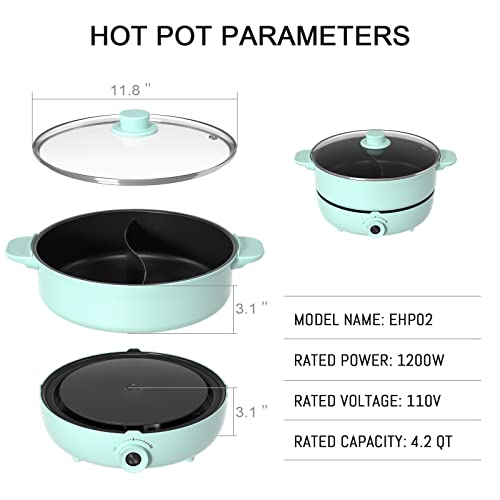 Electric Hot Pot with Divider, 4.2QT Shabu Shabu Hot Pot Electric Double Flavor Non-Stick Split Hot Pot for Family Cooking Party