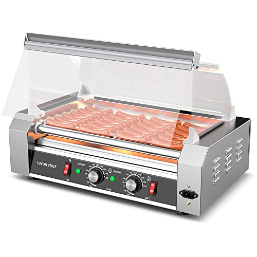 Leconchef Hot Dog Roller Machine Commercial Electric 7 Roller Grill Hot Dog Warmer Cooker Machine Stainless Steel with Dual Temp Control, Detachable Glass Cover & LED