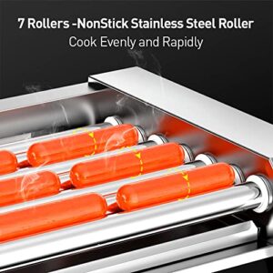 Leconchef Hot Dog Roller Machine Commercial Electric 7 Roller Grill Hot Dog Warmer Cooker Machine Stainless Steel with Dual Temp Control, Detachable Glass Cover & LED