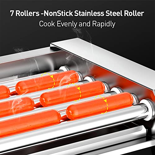 Leconchef Hot Dog Roller Machine Commercial Electric 7 Roller Grill Hot Dog Warmer Cooker Machine Stainless Steel with Dual Temp Control, Detachable Glass Cover & LED