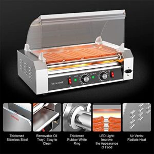 Leconchef Hot Dog Roller Machine Commercial Electric 7 Roller Grill Hot Dog Warmer Cooker Machine Stainless Steel with Dual Temp Control, Detachable Glass Cover & LED