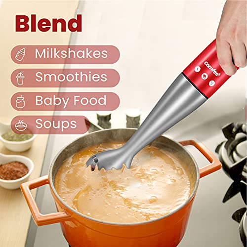 COMFEE' Immersion Hand Blender, Brushed Stainless Steel, 2-Speed, Multipurpose Stick Blender with 200 Watts, 600ml Mixing Beaker and Whisk, Perfect for Baby Food, Smoothies, Sauces and Soups, Red