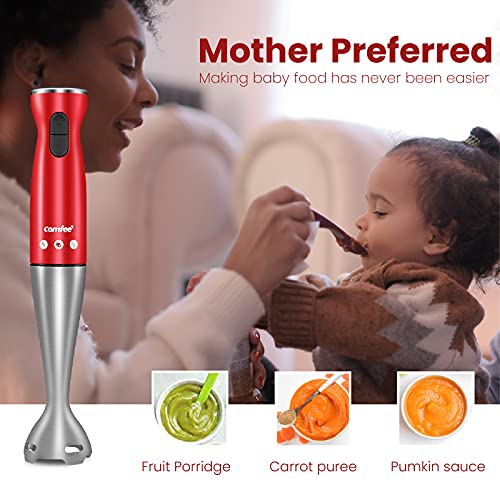 COMFEE' Immersion Hand Blender, Brushed Stainless Steel, 2-Speed, Multipurpose Stick Blender with 200 Watts, 600ml Mixing Beaker and Whisk, Perfect for Baby Food, Smoothies, Sauces and Soups, Red