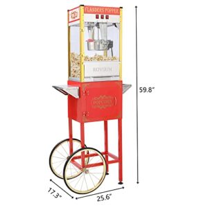 ROVSUN Popcorn Machine with Cart, Wheels & 8 Oz Kettle Makes Up to 32 Cups, Popcorn Maker with Stainless Steel Scoop, Oil Spoon & 3 Popcorn Cups for Commercial Home Movie Theater, Red