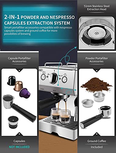 Espresso Machines 15 Bar with Adjustable Milk Frother Wand Expresso Coffee Machine for Cappuccino, Latte, Mocha, Machiato, 1.5L Removable Water Tank, Double Temperature Control System, 1100W, Black