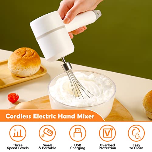 NAYAHOSE Hand Mixer Electric Garlic Chopper Egg Beater, Cordless Handheld Food Processor with 300ML Glass Container, 3 Speed Adjustable, USB Rechargeable Electric Whisk for Cooking Baking