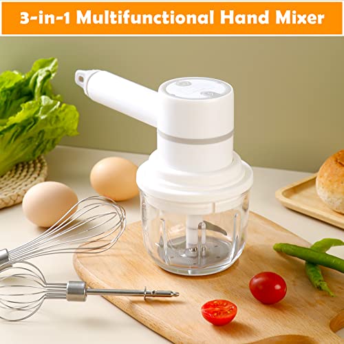 NAYAHOSE Hand Mixer Electric Garlic Chopper Egg Beater, Cordless Handheld Food Processor with 300ML Glass Container, 3 Speed Adjustable, USB Rechargeable Electric Whisk for Cooking Baking