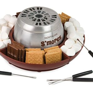 Nostalgia LSM400 Indoor Electric Stainless Steel S'mores Maker with 4 Lazy Susan Compartment Trays for Graham Crackers, Chocolate, Marshmallows and 4 Roasting Forks