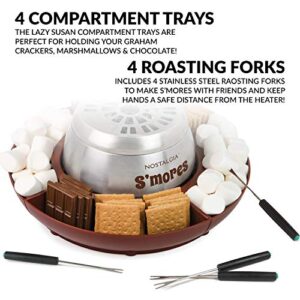 Nostalgia LSM400 Indoor Electric Stainless Steel S'mores Maker with 4 Lazy Susan Compartment Trays for Graham Crackers, Chocolate, Marshmallows and 4 Roasting Forks