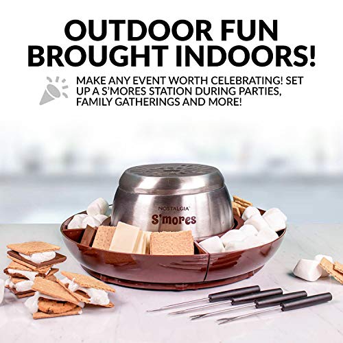 Nostalgia LSM400 Indoor Electric Stainless Steel S'mores Maker with 4 Lazy Susan Compartment Trays for Graham Crackers, Chocolate, Marshmallows and 4 Roasting Forks