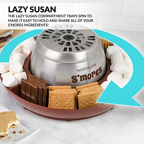 Nostalgia LSM400 Indoor Electric Stainless Steel S'mores Maker with 4 Lazy Susan Compartment Trays for Graham Crackers, Chocolate, Marshmallows and 4 Roasting Forks