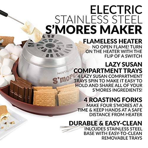 Nostalgia LSM400 Indoor Electric Stainless Steel S'mores Maker with 4 Lazy Susan Compartment Trays for Graham Crackers, Chocolate, Marshmallows and 4 Roasting Forks